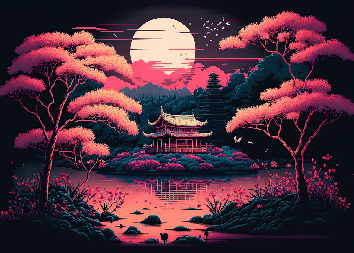 'Japanese Landscape Neon' Poster, picture, metal print, paint by Agnes ...