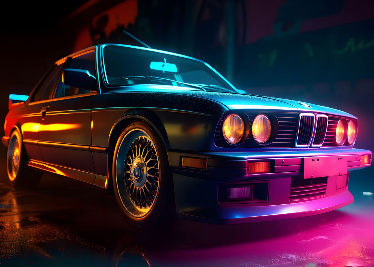 'BMW E30 Neon' Poster, picture, metal print, paint by GoodLifeImages ...