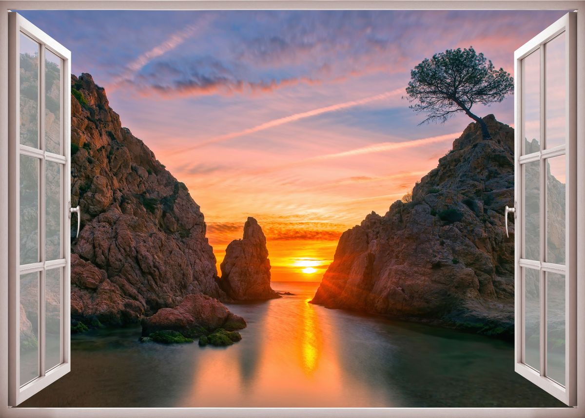 'Window view beach sunset' Poster by Vicen Design | Displate