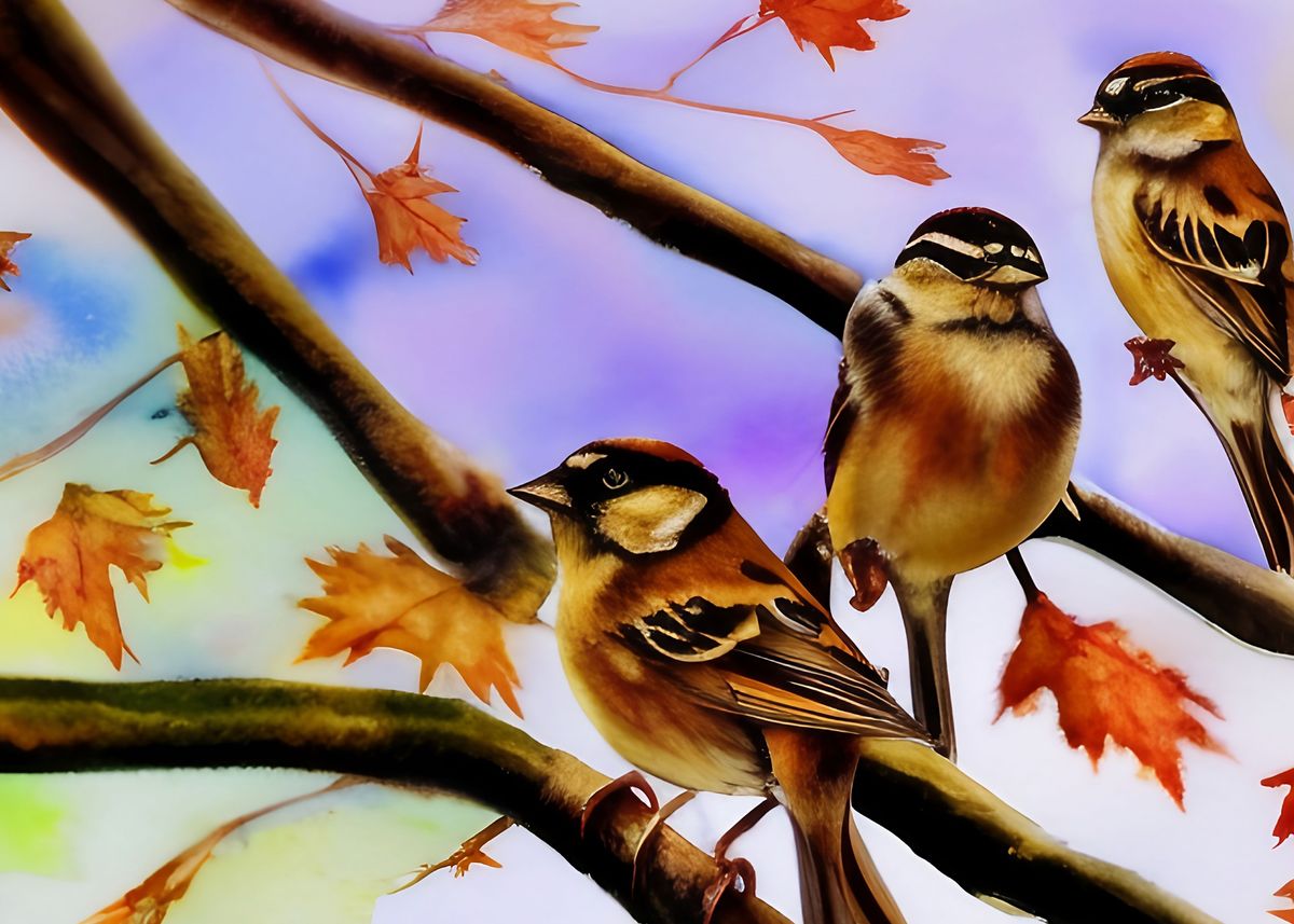 'Three beautiful sparrows' Poster, picture, metal print, paint by Sloka ...