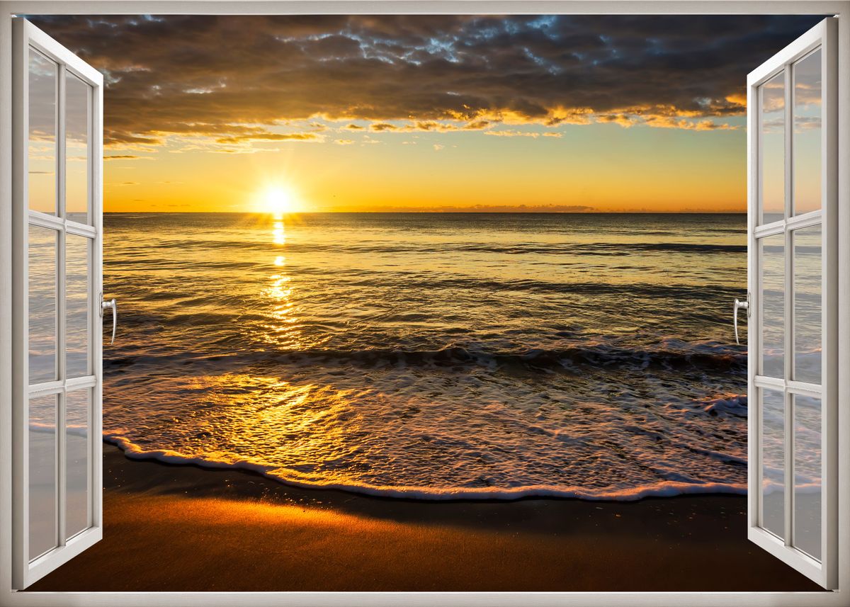 'Window view beach sunset' Poster, picture, metal print, paint by Vicen ...