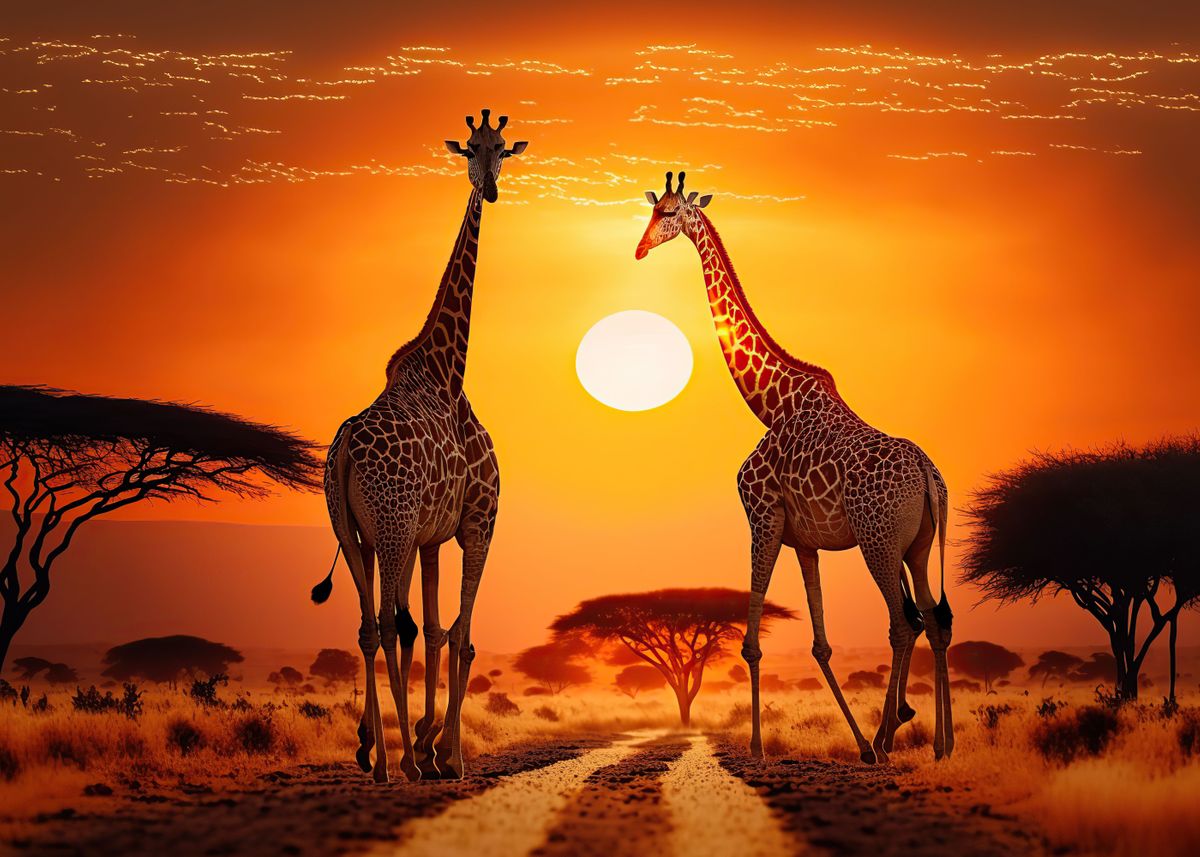'giraffe animal sunset' Poster, picture, metal print, paint by Leigh ...