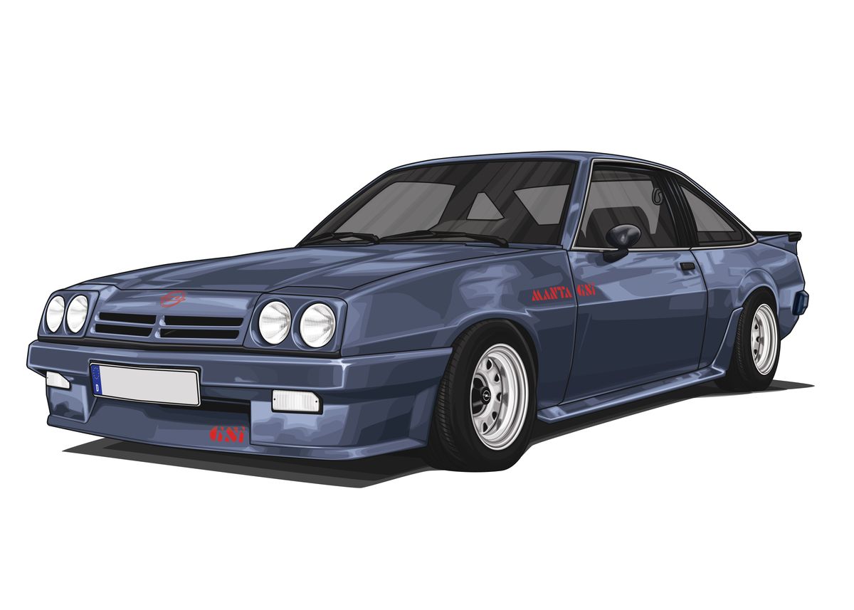 'Opel Manta GSi Estorilblue' Poster, picture, metal print, paint by POWERDRAWINGS | Displate