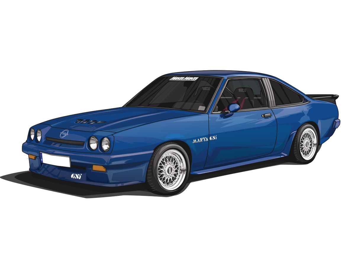 'Opel Manta GSi Blue White' Poster, picture, metal print, paint by POWERDRAWINGS | Displate