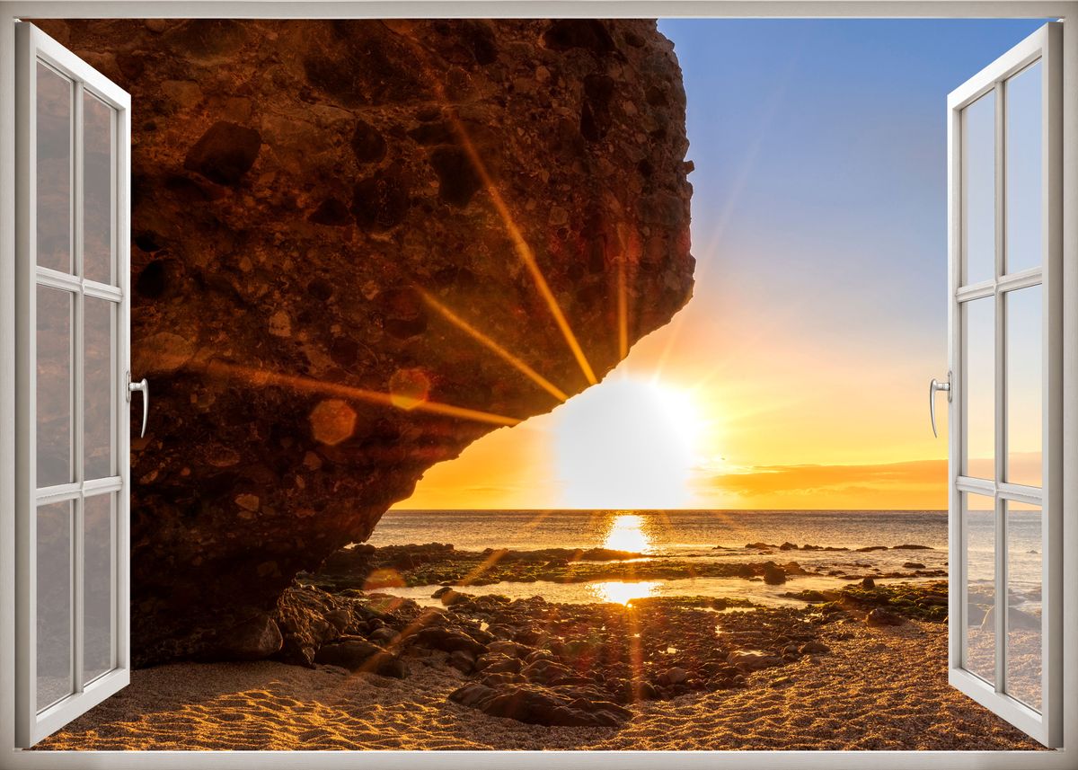 'Window view beach sunset' Poster, picture, metal print, paint by Vicen ...