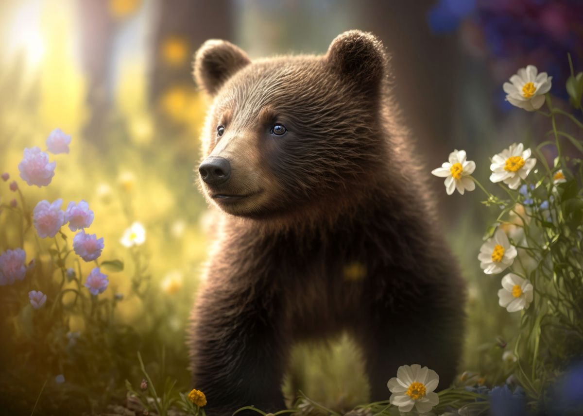 'Bear cub in meadows' Poster by Volodymyr Burdiak | Displate