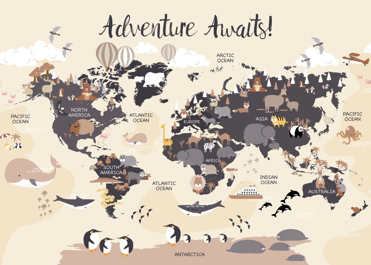 'Adventure Awaits World Map' Poster, picture, metal print, paint by ...
