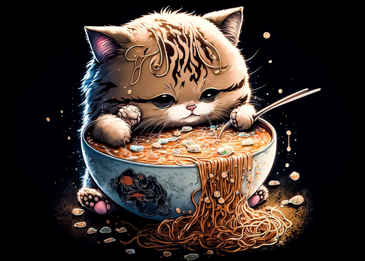 'cat ramen japan' Poster, picture, metal print, paint by NeoRowe | Displate