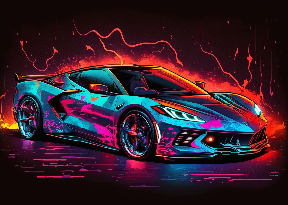 'Neon Painted Corvette C8' Poster, picture, metal print, paint by ...