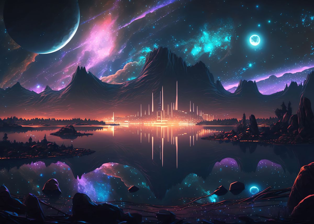 'Neon Light Landscape Night' Poster, picture, metal print, paint by ...