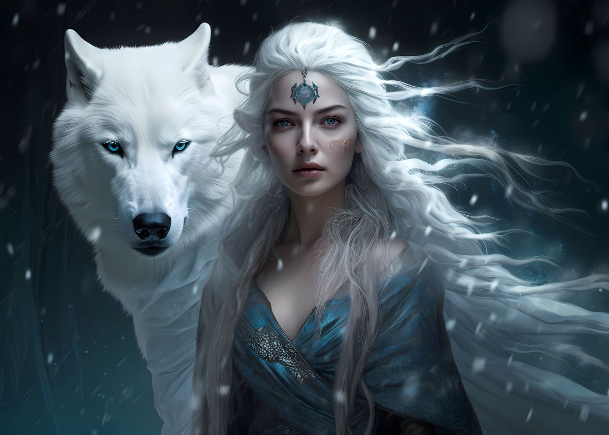 'Ice mage and her big wolf' Poster, picture, metal print, paint by Jiri ...