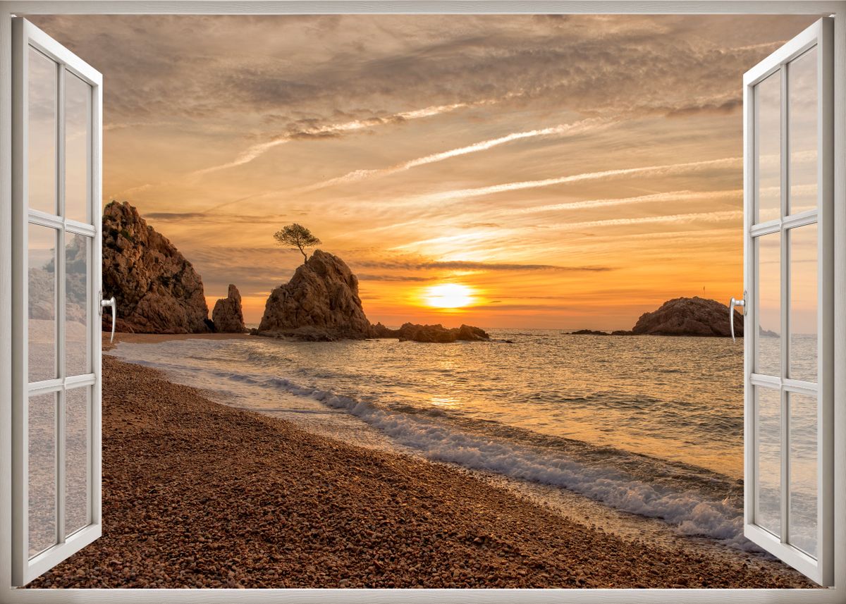 'Window view sunset beach' Poster by Vicen Design | Displate