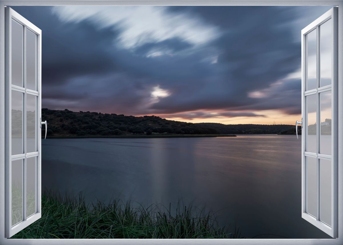 'Window view lake sunset' Poster by Vicen Design | Displate