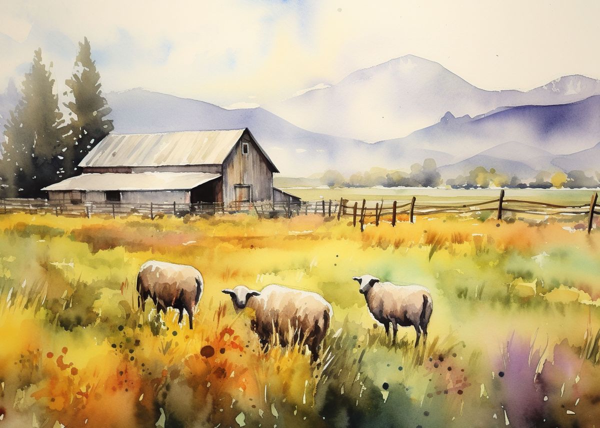 'Watercolor Farm Landscapes' Poster, picture, metal print, paint by ...