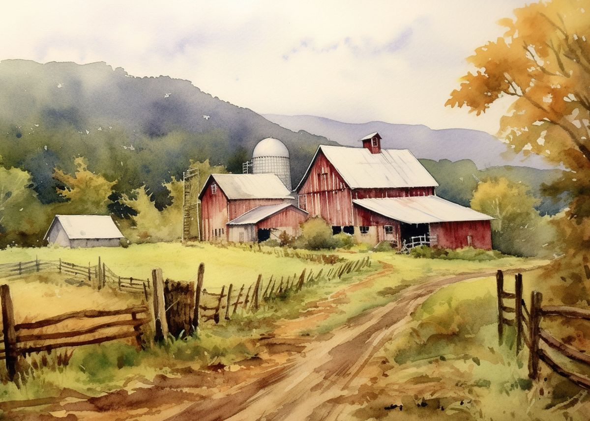 'Watercolor Farm Landscapes' Poster, picture, metal print, paint by ...