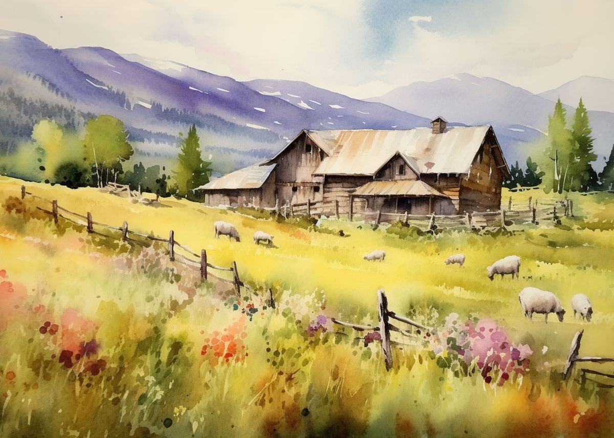 'Watercolor Farm Landscapes' Poster, picture, metal print, paint by ...