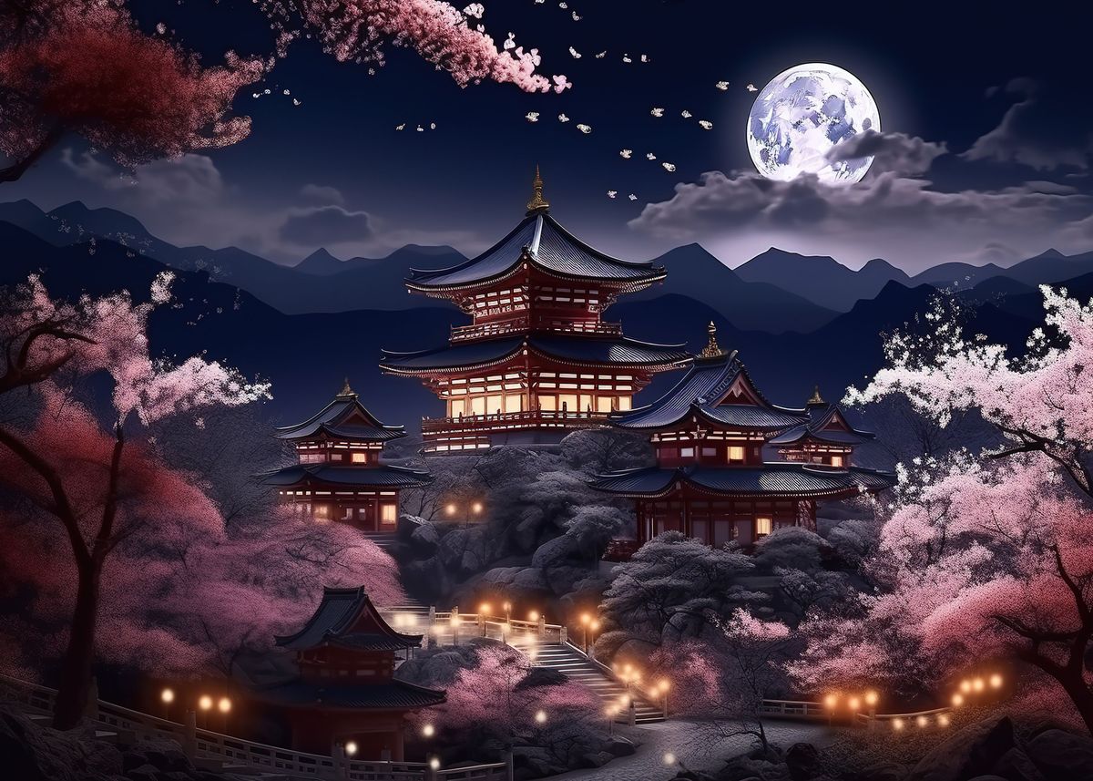 'Japan Landscape moon' Poster, picture, metal print, paint by Leika ...