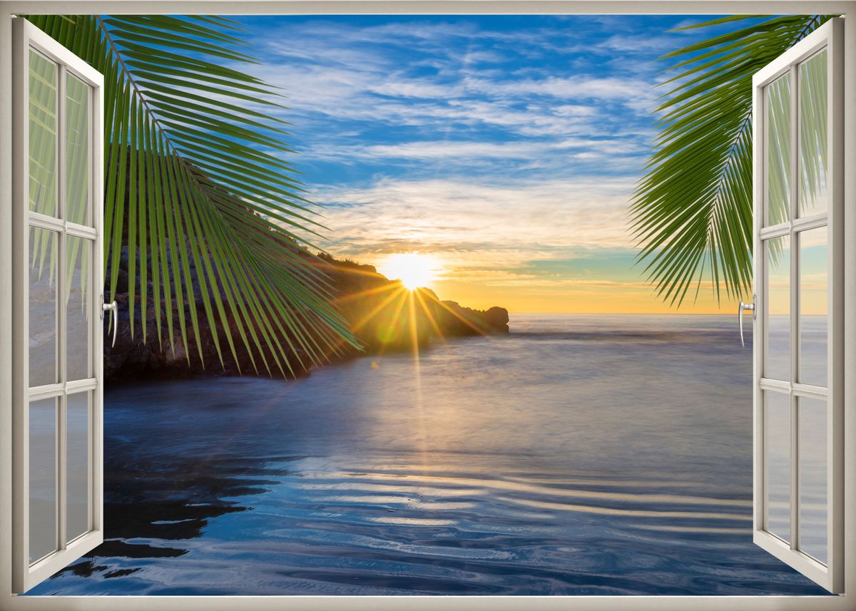 'Window view beach sunset' Poster, picture, metal print, paint by Vicen ...