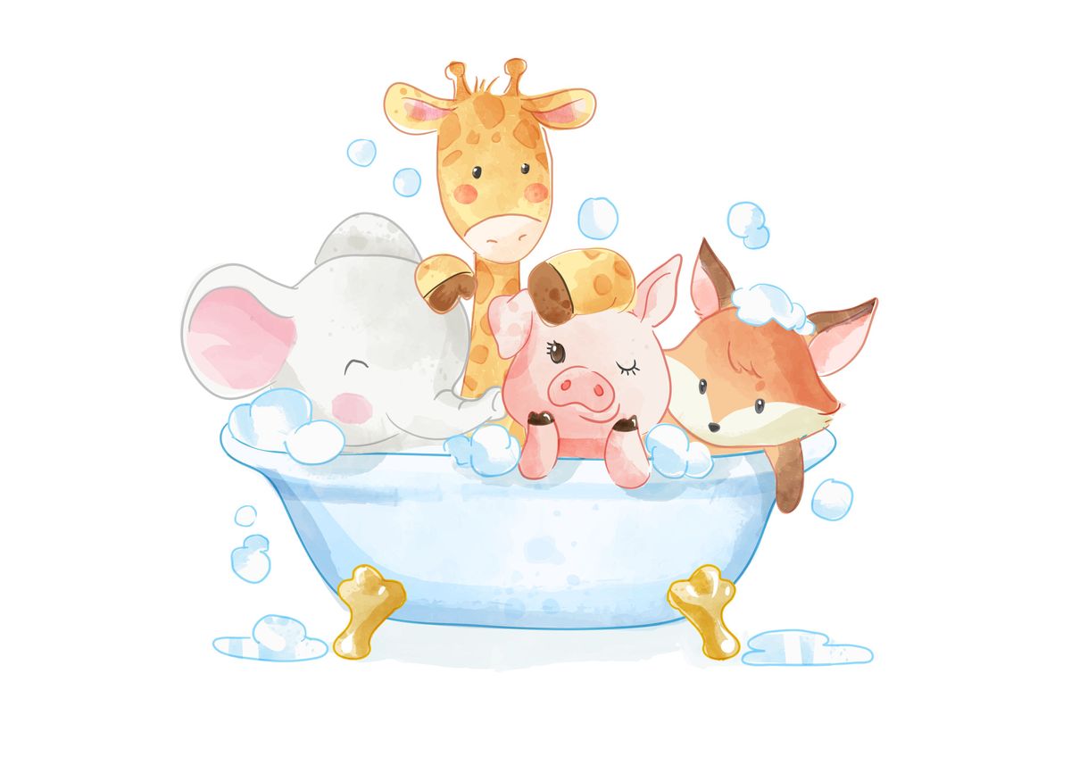 'Cartoon animals showering' Poster, picture, metal print, paint by ...