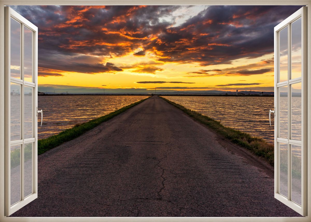 'Window view sunset lake' Poster by Vicen Design | Displate