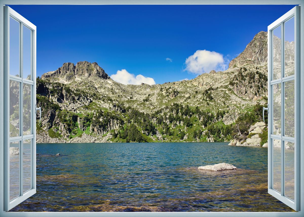 'Window view lake mountains' Poster, picture, metal print, paint by ...