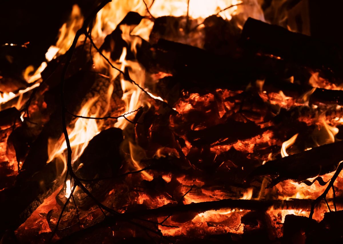 'Fire logs burning flames n' Poster, picture, metal print, paint by ...