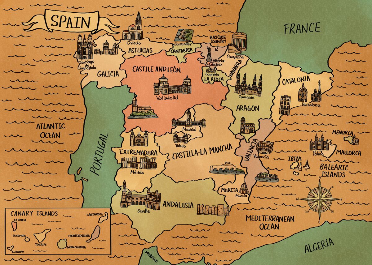 'Colorful Vintage Spain Map' Poster, picture, metal print, paint by ...