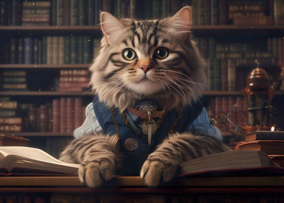 'The Library Cat' Poster, picture, metal print, paint by Artistic ...