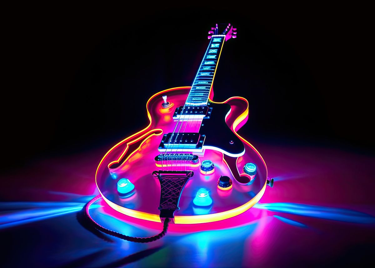'Radiant Riffs Neon Guitar' Poster, picture, metal print, paint by ...
