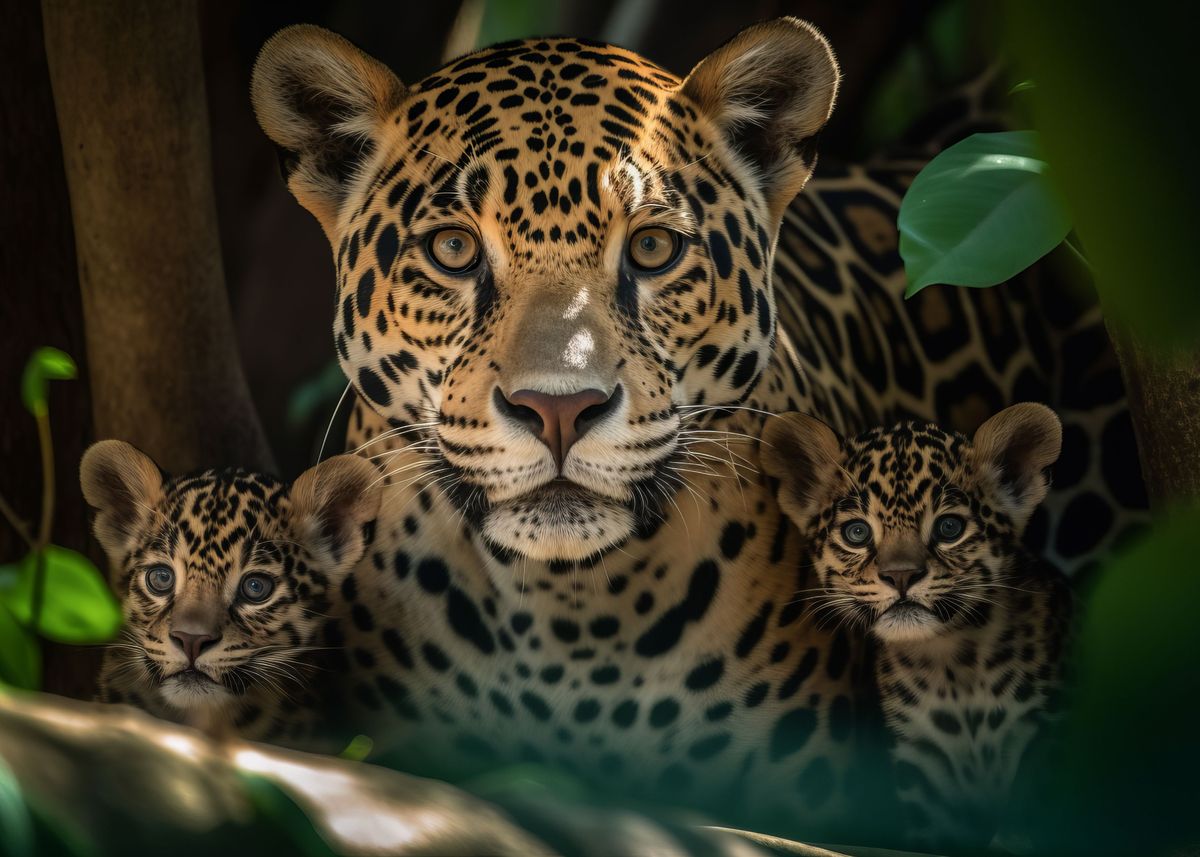 'Jaguar With Cubs' Poster, picture, metal print, paint by Five Senses ...