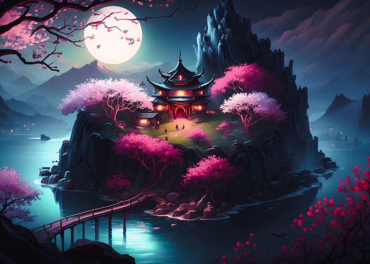 'Japanese landscape night' Poster, picture, metal print, paint by Elz ...