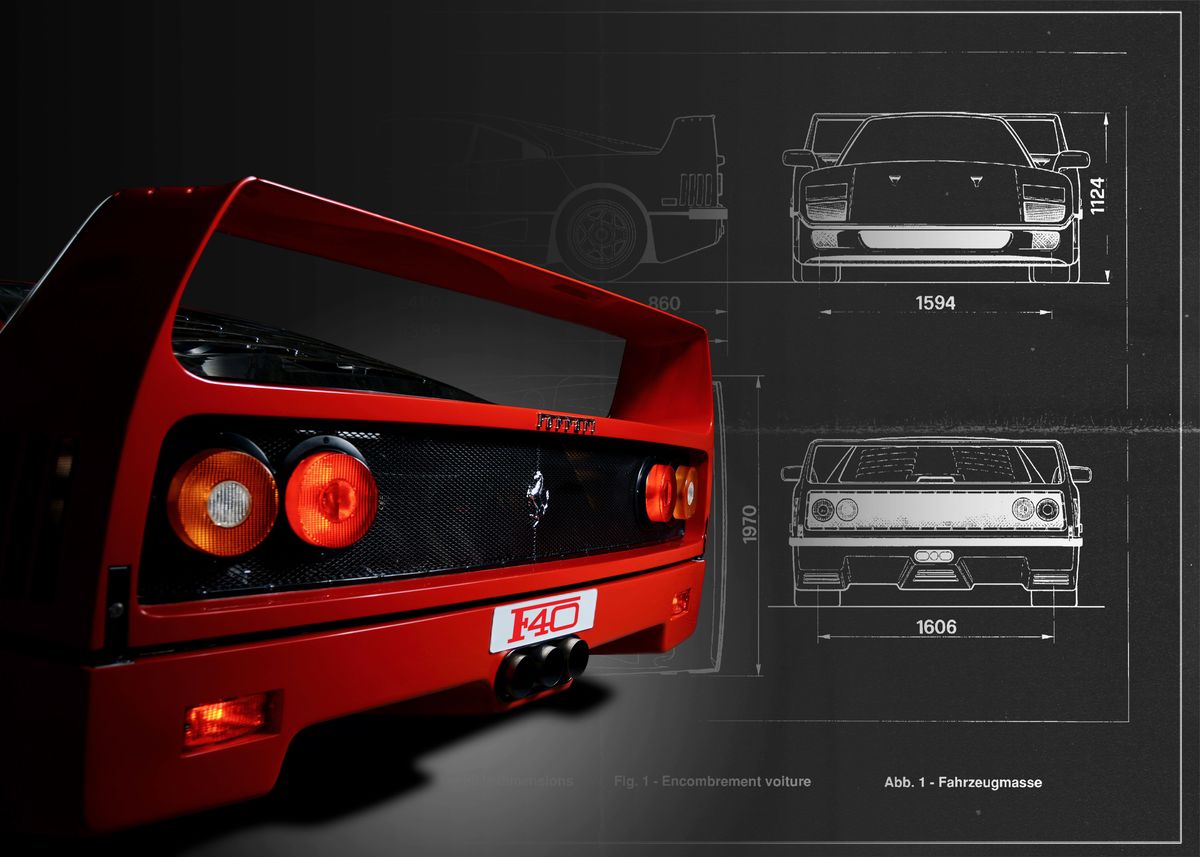 'Ferrari F40 Rear' Poster, picture, metal print, paint by Rollz | Displate