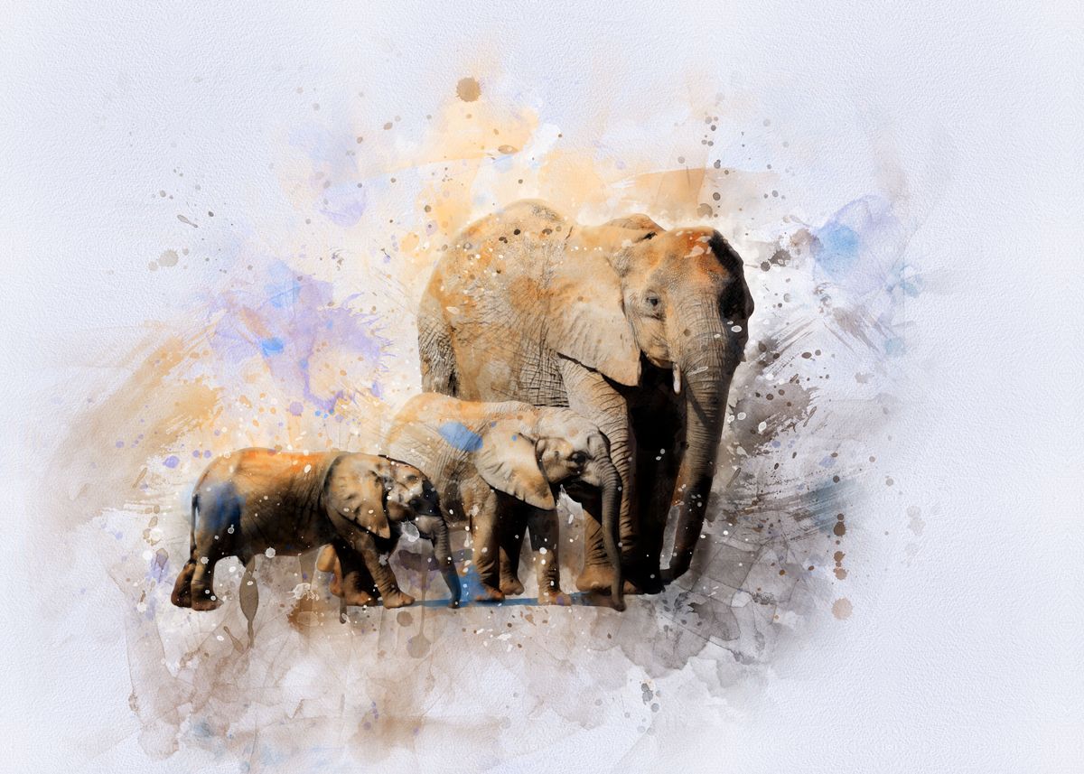 'Family Elephants' Poster, picture, metal print, paint by Nikolovi Art ...