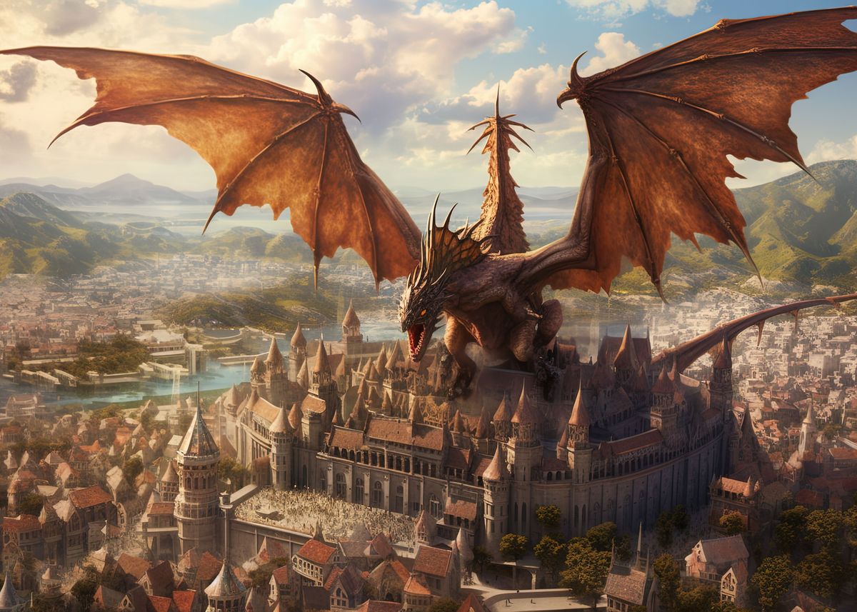 'Dragon sitting on a castle' Poster, picture, metal print, paint by ...