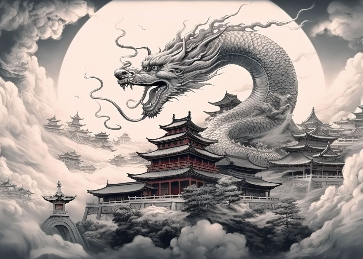 'Chinese Dragon Landscape ' Poster, picture, metal print, paint by ...