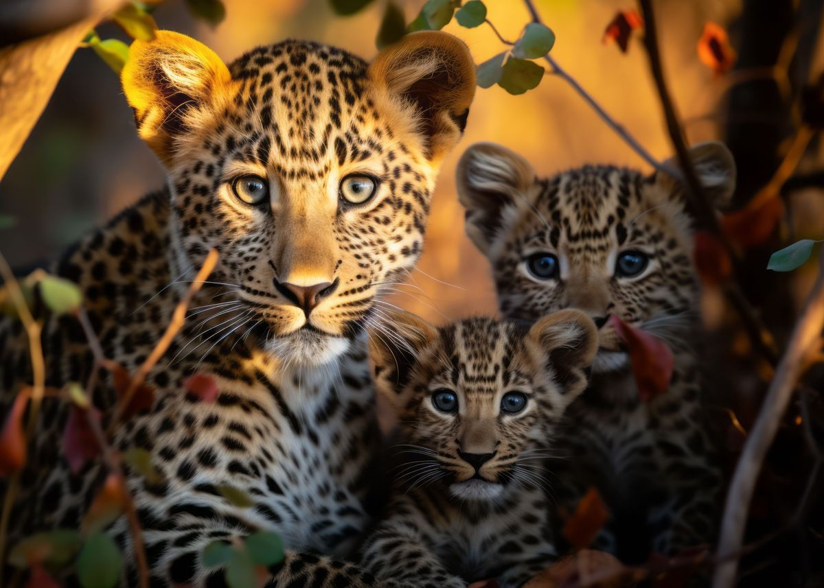 'Leopard With Cubs' Poster, picture, metal print, paint by Five Senses ...