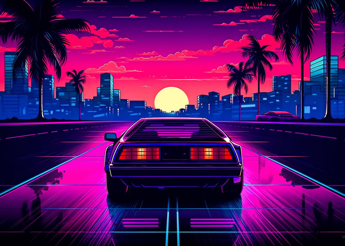 'Retro Miami Neon Sunset' Poster, picture, metal print, paint by ...
