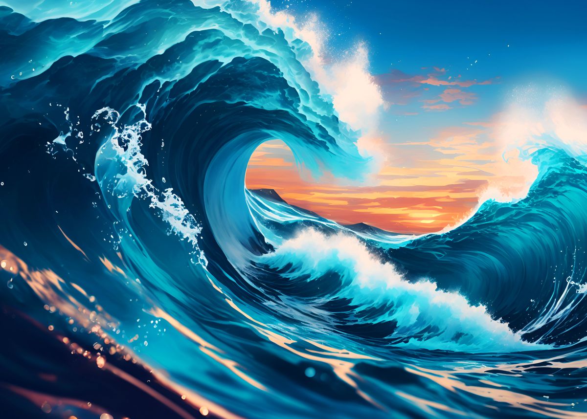 'Waves Ocean sunset' Poster by Shamoon Ibrahim Rasheed | Displate