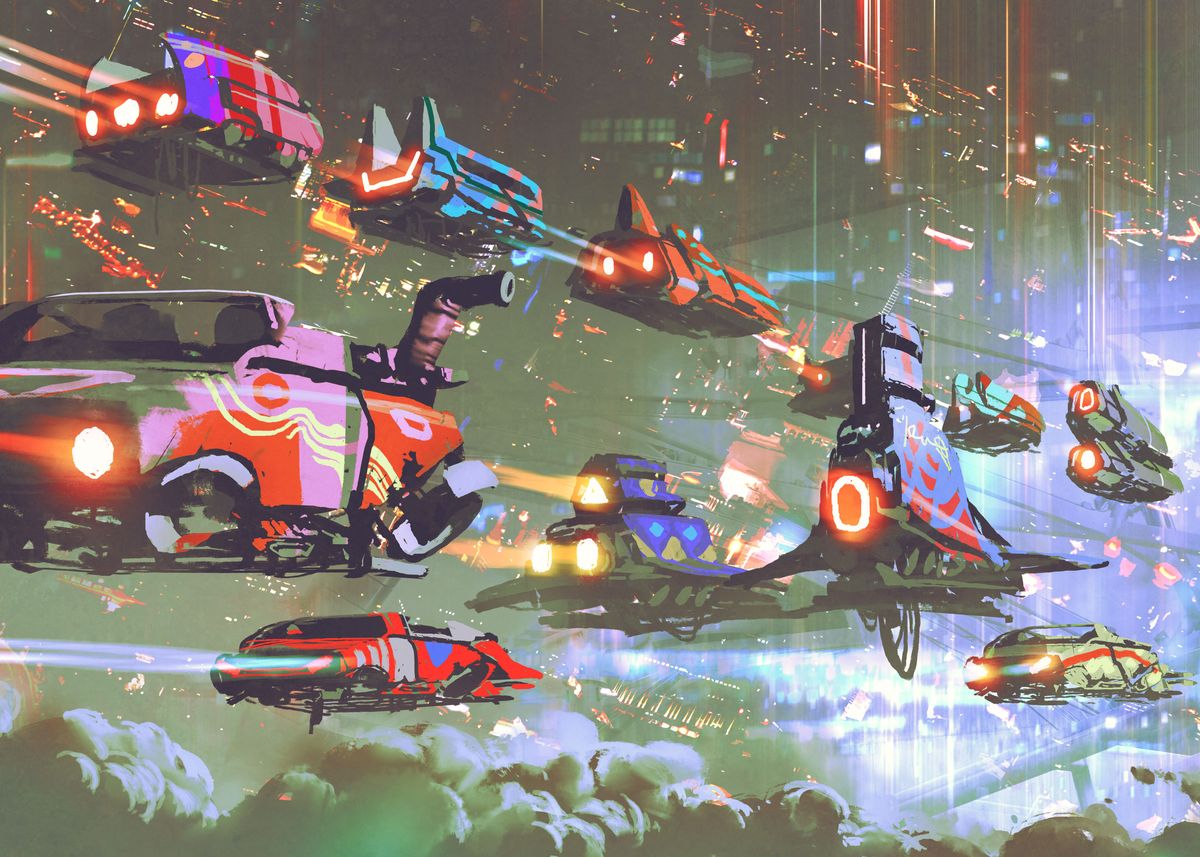 'Flying car traffic' Poster, picture, metal print, paint by Color Art ...
