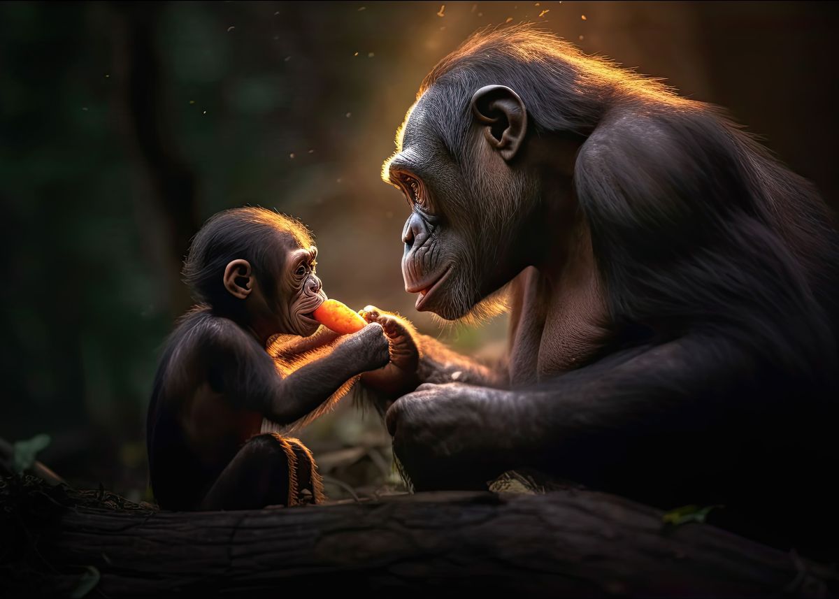 'Monkey Feeding Time' Poster, picture, metal print, paint by ...