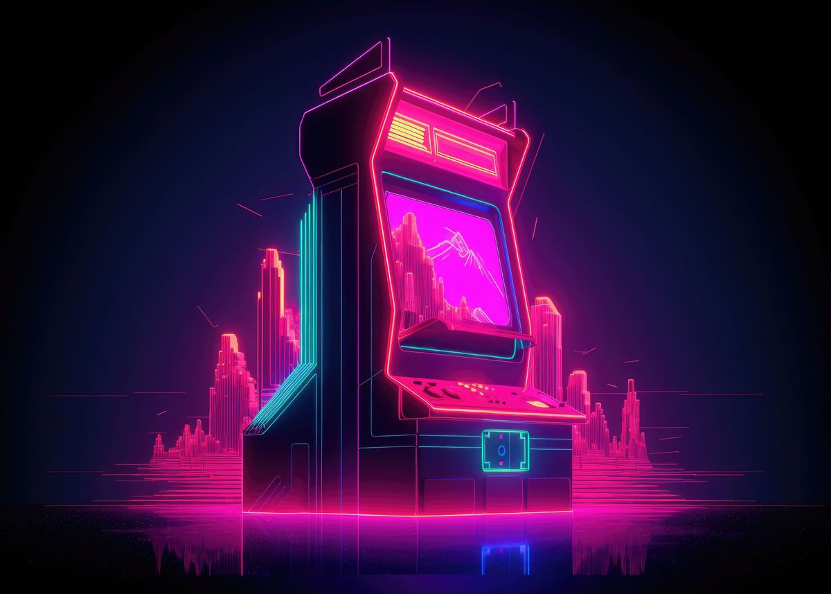 'neon arcade gaming machine' Poster, picture, metal print, paint by ...