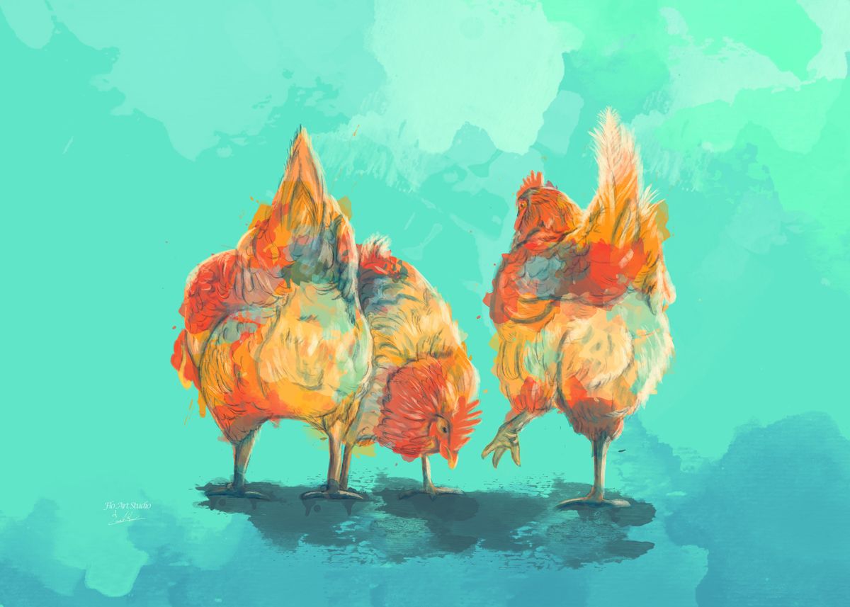 'The Three Hens Chickens' Poster, picture, metal print, paint by Flo ...