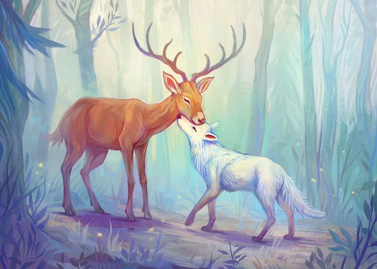 'Wolf and Deer cute love' Poster, picture, metal print, paint by Margot ...