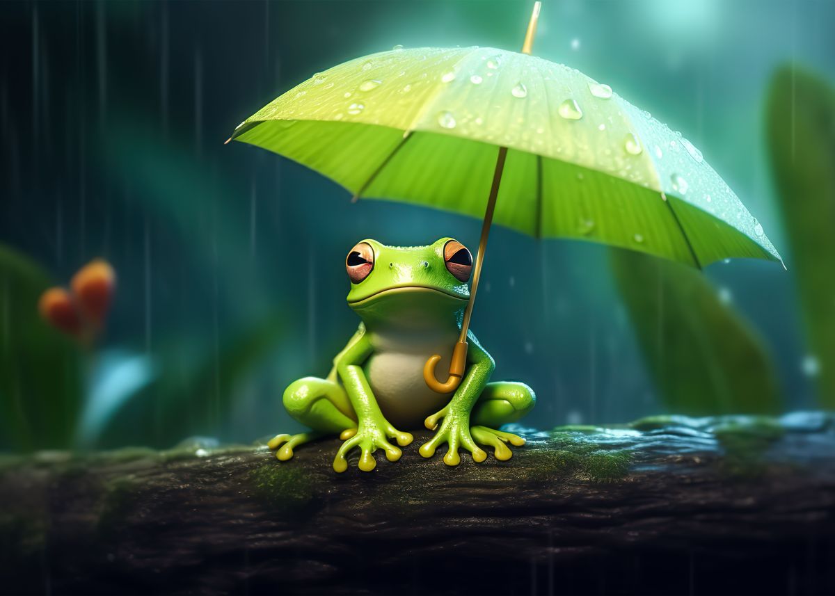 'Happy Frog Rain Cute ' Poster, picture, metal print, paint by ...