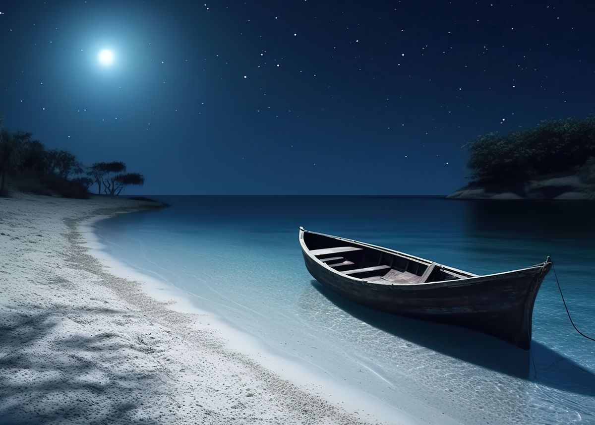 'boat night moon ' Poster, picture, metal print, paint by Patsy Montoya ...