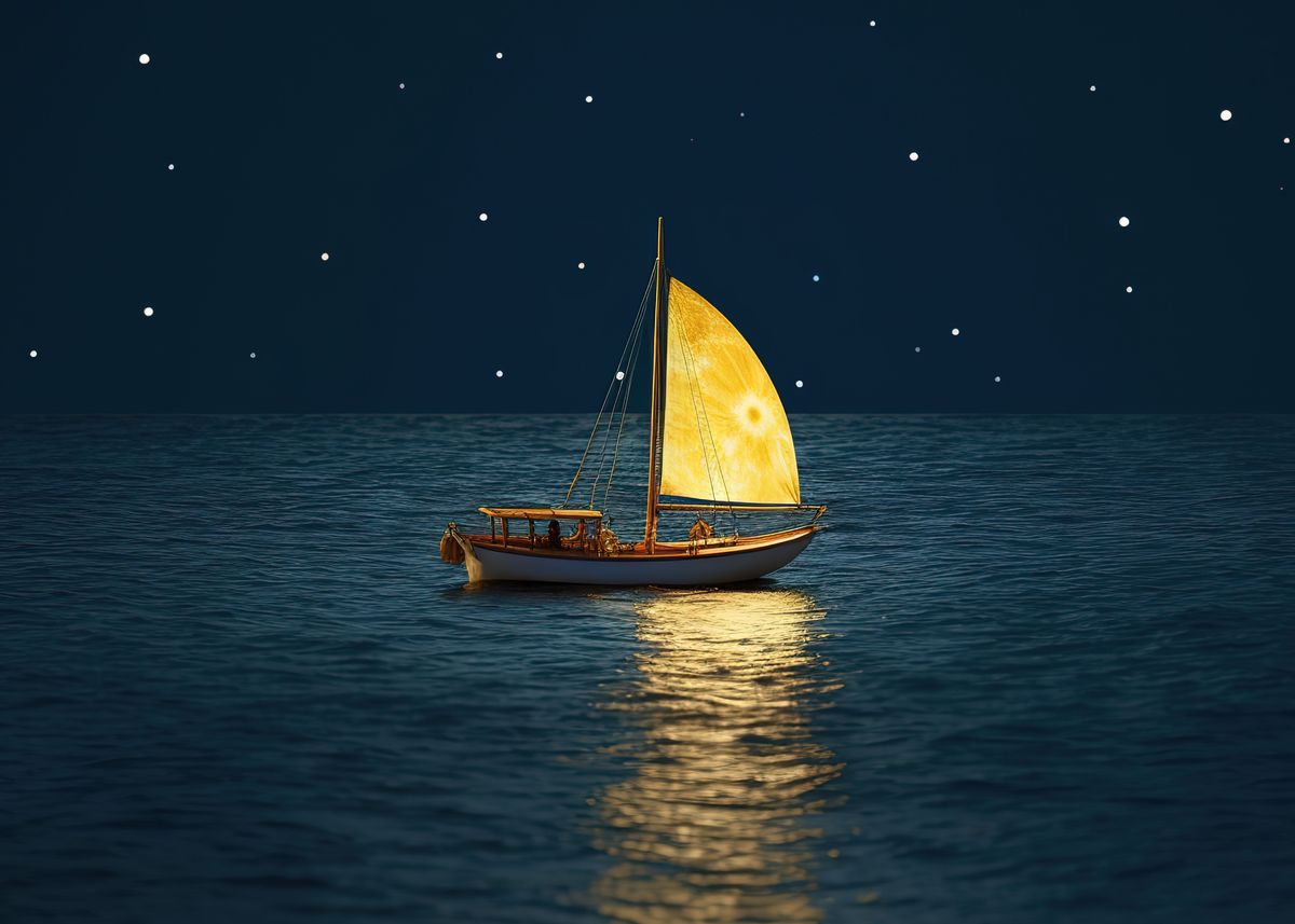 'boat night moon ' Poster, picture, metal print, paint by Patsy Montoya ...