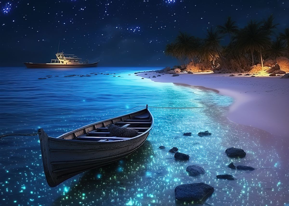 'boat night moon ' Poster, picture, metal print, paint by Patsy Montoya ...