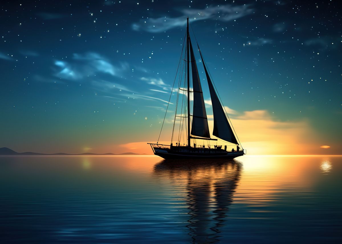 'boat night moon ' Poster, picture, metal print, paint by Patsy Montoya ...