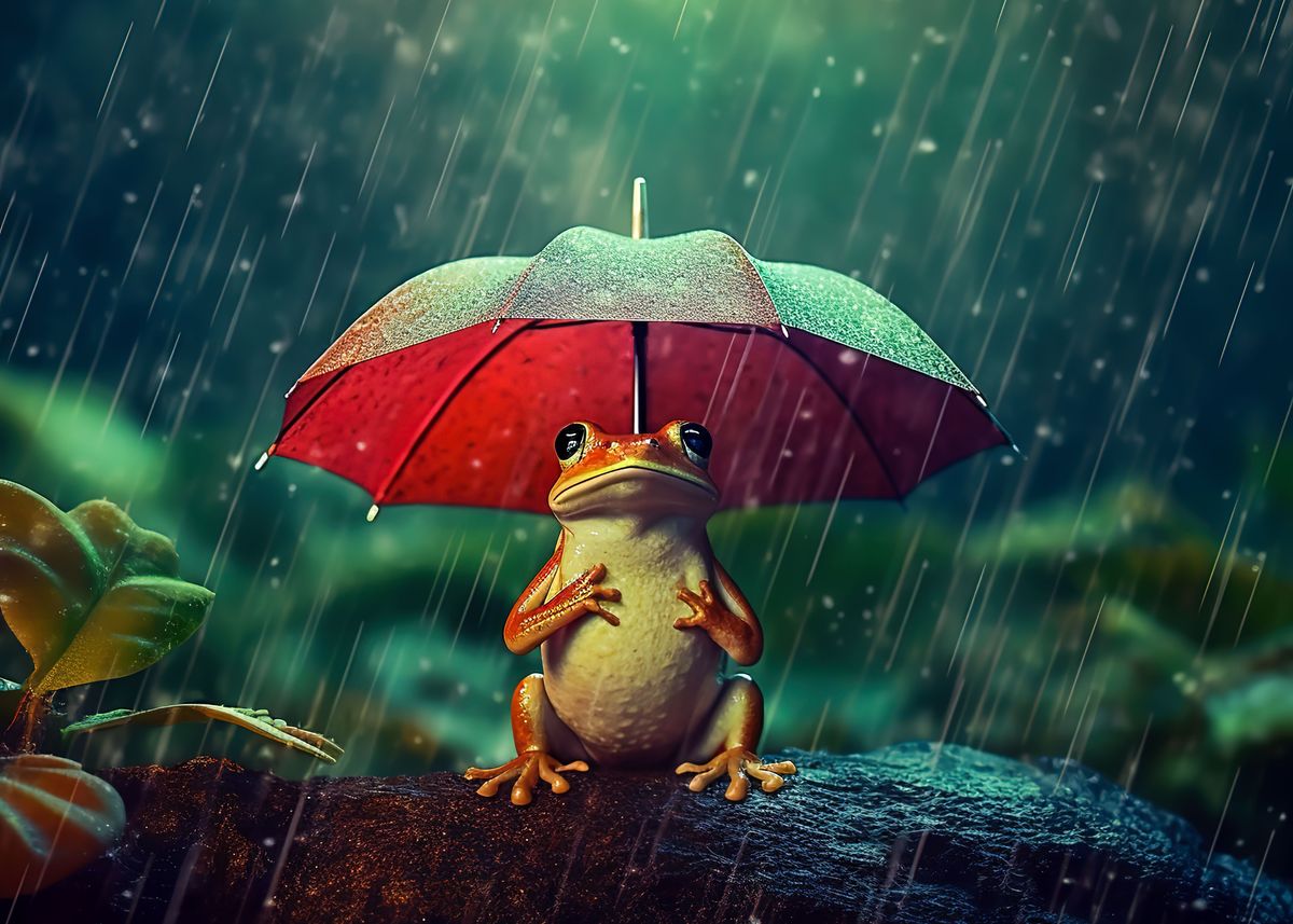 'Happy Frog Rain Cute ' Poster, picture, metal print, paint by ...