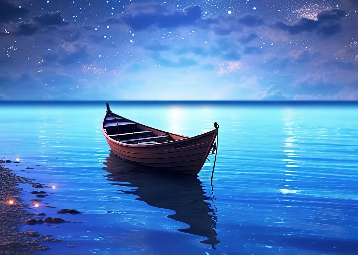 'boat night moon ' Poster by Patsy Montoya | Displate